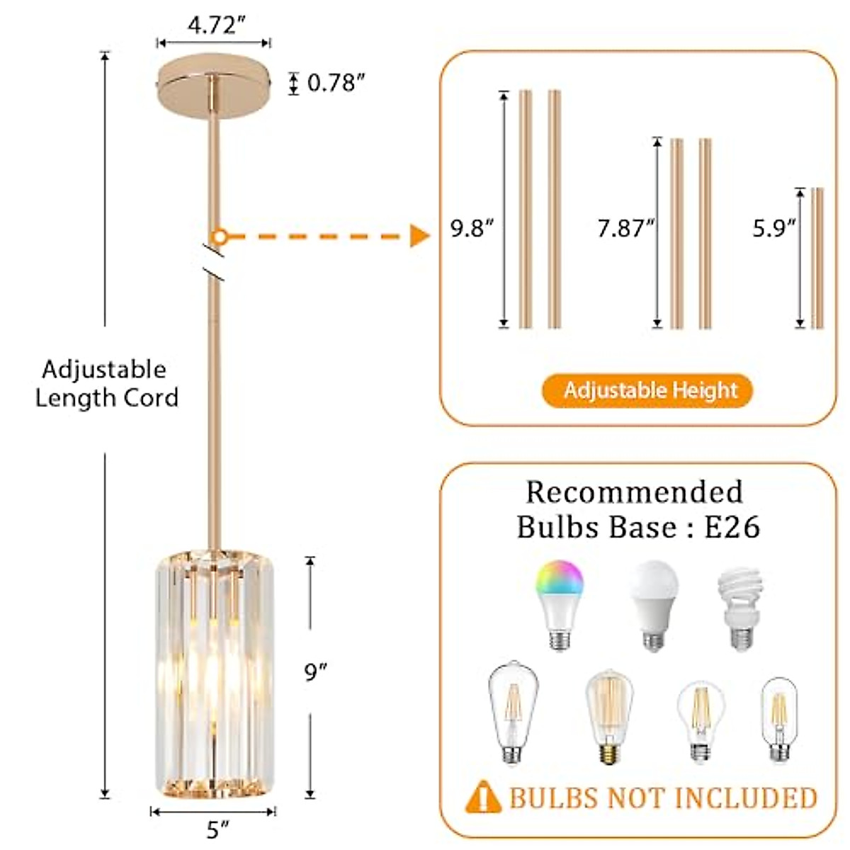 Heircido Rose Gold Pendant Light,Modern Crystal Pendant Lighting,Bar Pendant Light Fixture for Kitchen Island Dining Room Bedroom Hallway