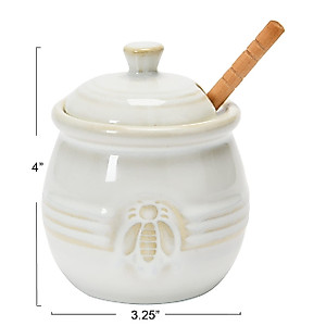 Creative Co-Op Farmhouse Embossed Stoneware Honey Pot with Wood Honey Dipper, White
