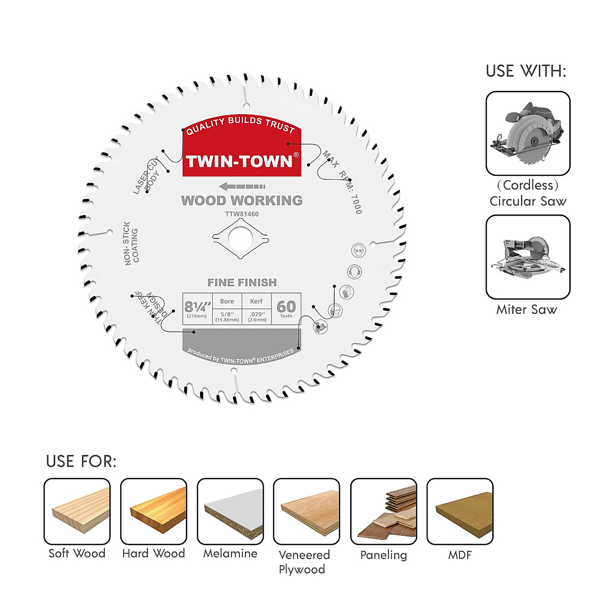 TWIN-TOWN 8-1/4-Inch 60 Teeth ATB Fine Finish Thin Kerf Saw Blade with 5/8-Inch DMK Arbor