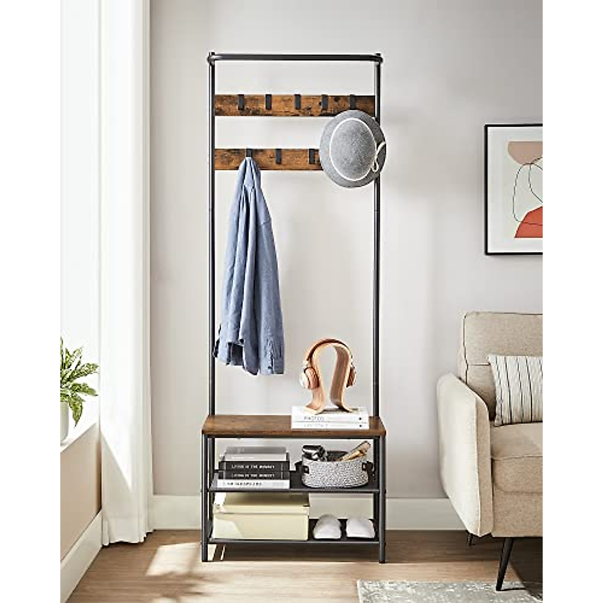 VASAGLE Hall Tree with Bench and Shoe Storage, Entryway Bench with Coat Rack Stand and Shoe Rack, 9 Removable Hooks, Top Bar, Fabric Shelves, Industrial, Rustic Brown and Black UHSR411B01