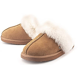 Parfeying Women's Sheepskin House Slippers Indoor Outdoor Shearling Shoes for Women,L21605 Chestnut 11US