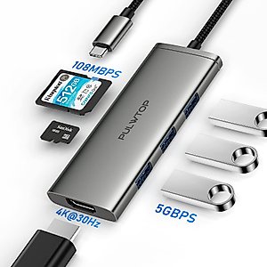 PULWTOP USB C Hub 6 in 1 USB Hub for MacBook Pro/Air, Docking Station with 4K HDMI 3*USB A 3.0 SD/TF Card Reader, USB Splitter for Dell XPS More Type C Devices