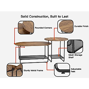 Amada Coffee Table Set, 2-Tier Center Table with Open Shelf and Metal Frame, Modern Round Coffee Table for Living Room, Set of 2, AMCT2V