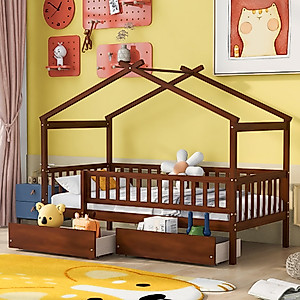Harper & Bright Designs Twin Size House Bed for Kids, Wooden Twin Bed Frame with 2 Storage Drawers, Twin Montessori Bed with Roof & Rails Design for Girls Boys, Walnut