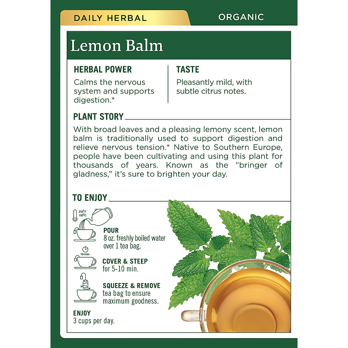 Traditional Medicinals Organic Lemon Balm Herbal Tea, Calming and Supports Digestion (Pack of 2) - 32 Tea Bags Total