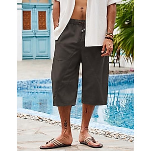 COOFANDY Capri Pants for Men Casual Cotton Linen Pants Elastic Baggy Capri Trousers Harem Capris, Dark Gray, XL