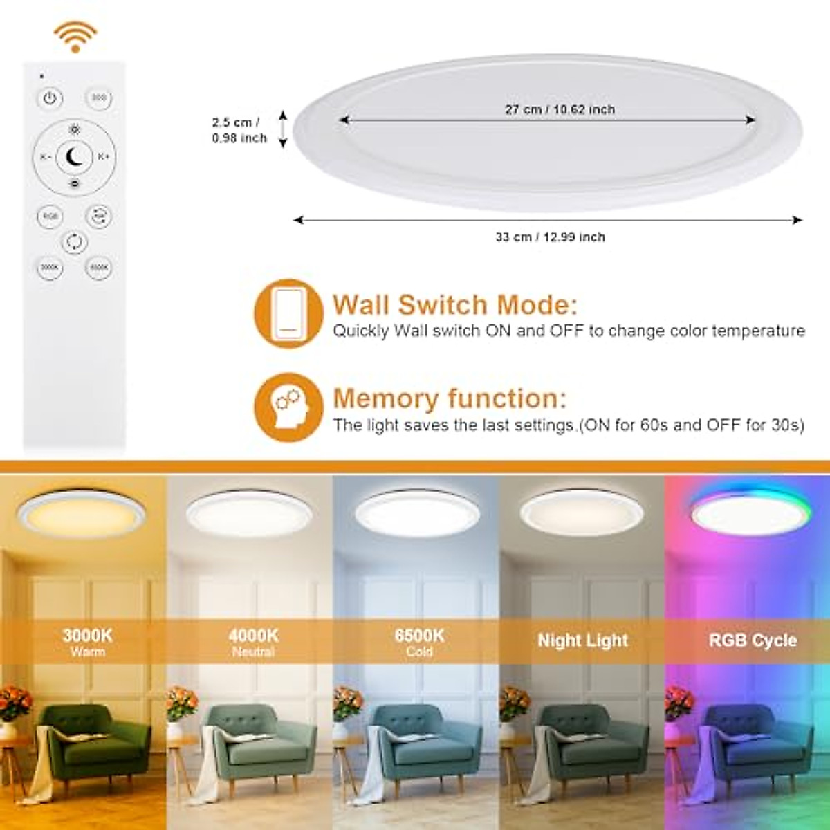 LEZOE RGB Led Flush Mount Ceiling Light Dimmable with Remote Control, 13Inch 24W 2400LM 3000-6500K RGB Color Changing Light Fixture, Round Ceiling Lamp for Living Room Bedroom Kids Room Party Festival