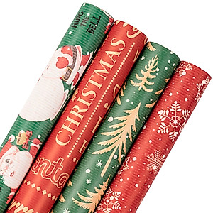 RUSPEPA Kraft Wrapping Paper Rolls - 17 inches x 10 feet per Roll, Total of 4 Rolls, Santa Claus, Snowflake and Christmas Tree Design