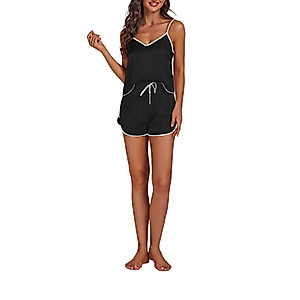 LYANER Women's Satin Silk Pajamas V Neck Cami Top with Shorts PJ Sst Sleepwear Black Large