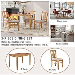EMKK 5-Piece Set, Wooden Rectangular Kitchen Dinner Breakfast Table and 4 Chairs for 2-4 Person, Dining Room Furniture, Space-Saving Design, Natural