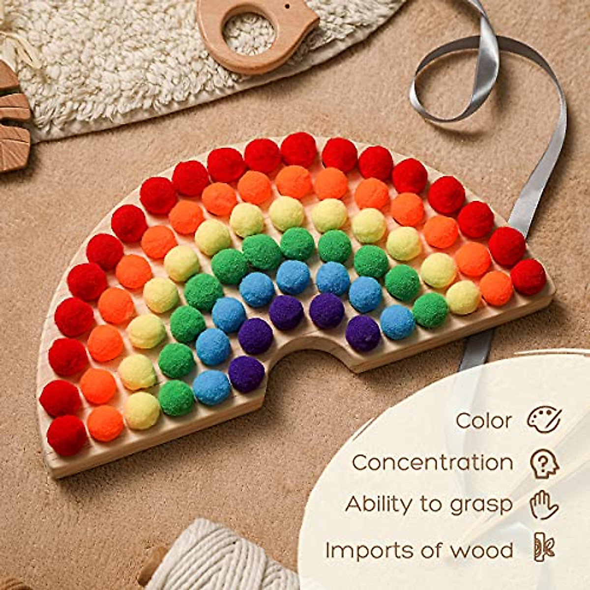 bopoobo Wooden Peg Board Beads Game Rainbow Clip Bead Puzzle Montessori Sorting Toys Counting Matching Game Beads Early Education Board Game Fine Motor Skill Montessori Toys for Toddlers