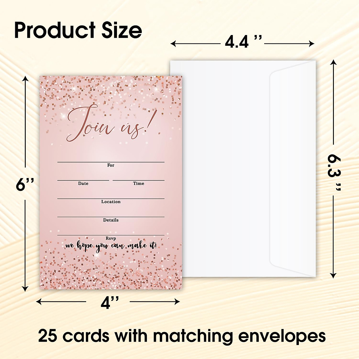 Set of 25 All Occasion Rose Gold Invitations with Envelopes- Join us Invitations, Pink Gold Invites for Bridal Shower Wedding Engagement Birthday Retirement Grad Fill in Style Invites Cards -006