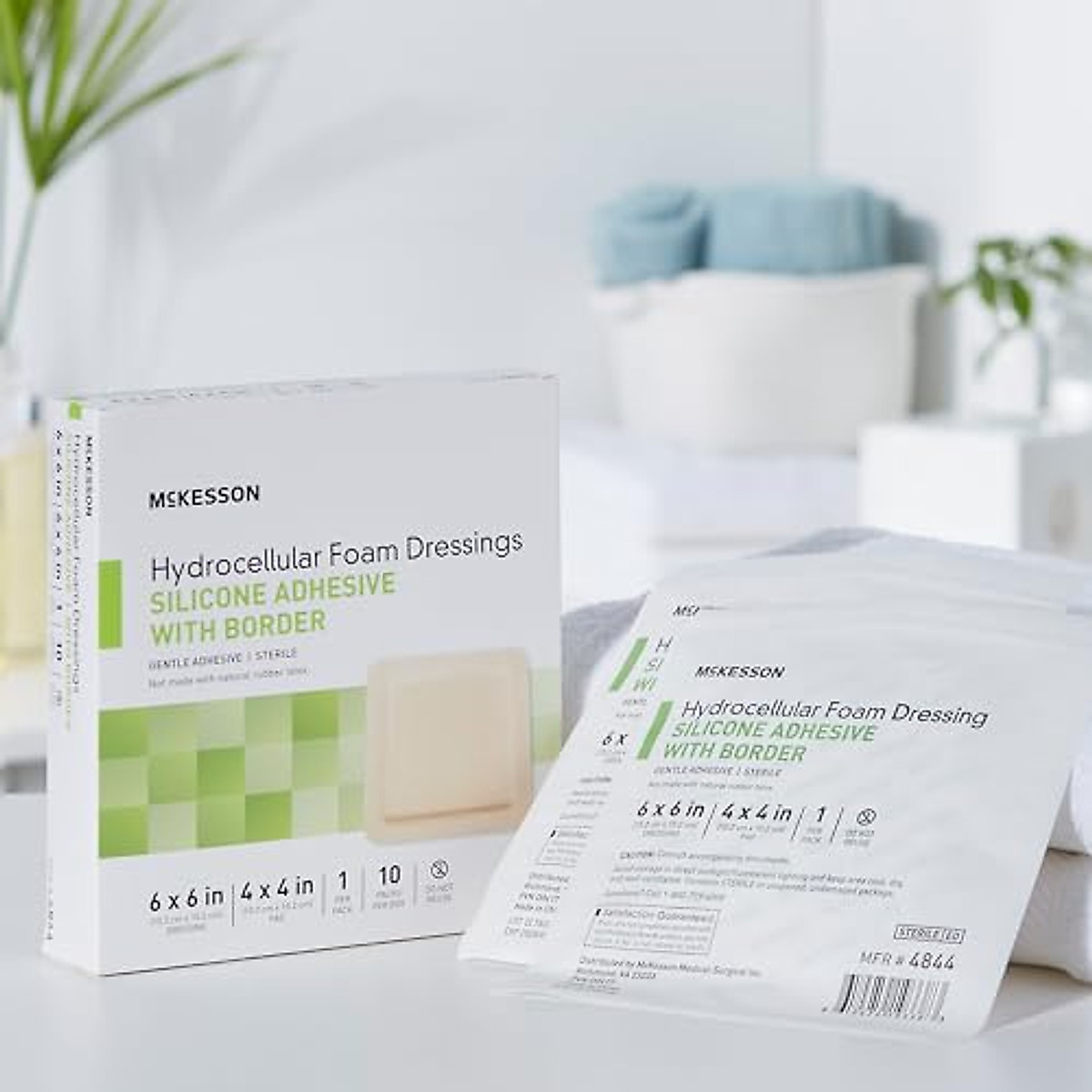 McKesson Hydrocellular Foam Dressings, Sterile, Silicone Adhesive with Border, Dimension 6 in x 6 in, Pad 4 in x 4 in, 10 Count, 1 Pack