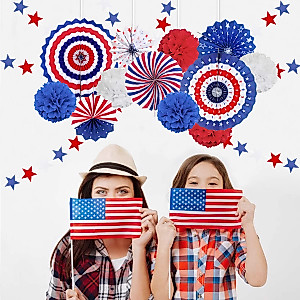 MOVINPE 4th of July Patriotic Party Decorations Set, American Flag Hanging Paper Fans, Paper Flower Balls Pom Poms, 4Pcs Star Streamers Banner Garland Independence Day Party Supplies