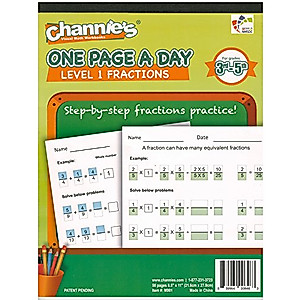 Channie’s One Page A Day Workbook, Beginner Single Digit Fraction Math Practice Worksheets, 50 Pages Front & Back, 25 Sheets, Grades 3rd, 4th, and 5th, Size 8.5” x 11” Summer School, Summer Bridge
