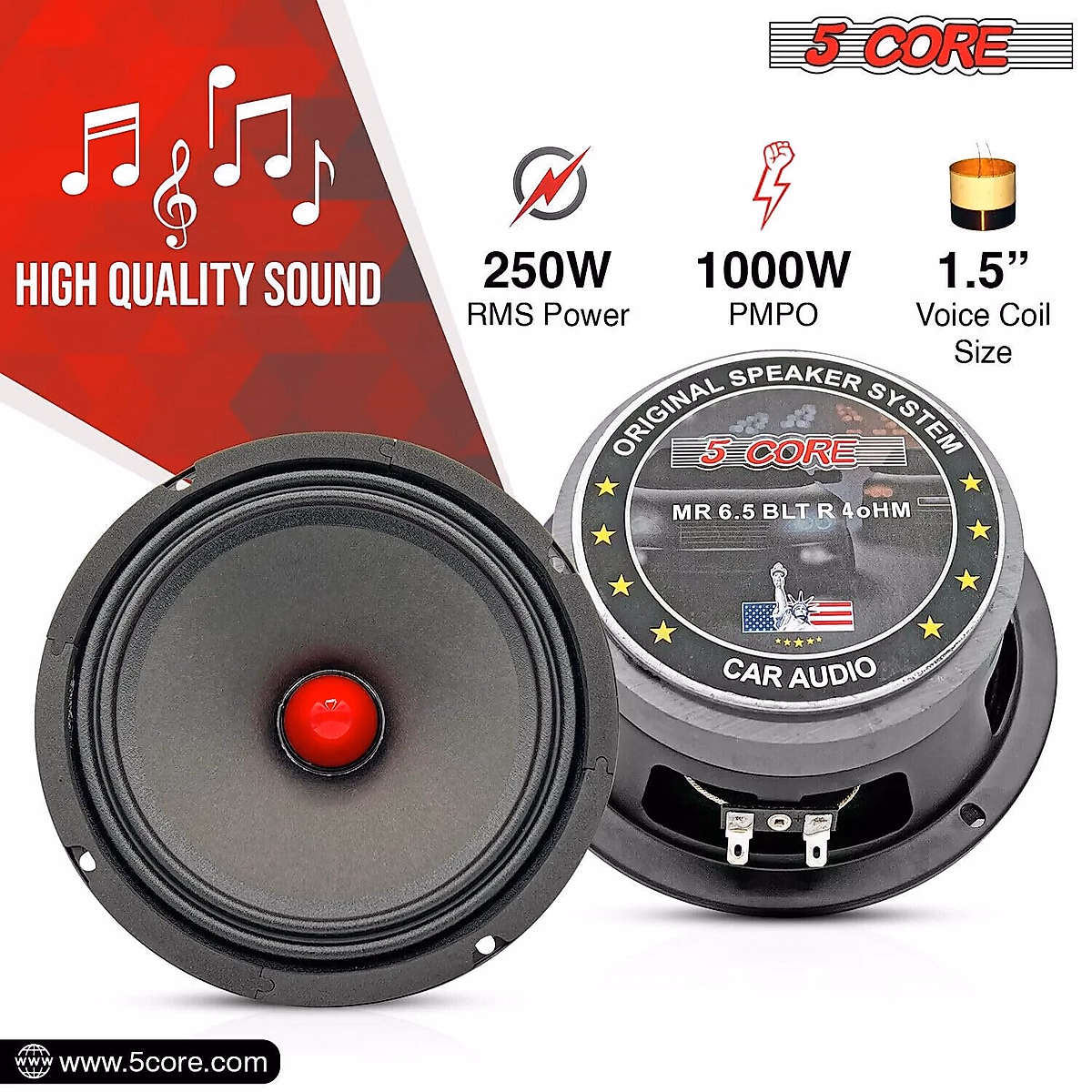 5 CORE 6.5" Inch Mid-Range Replacement Pro Audio Car Speaker 1600W Max 4 Ohms and 2.8 Inch Super Tweeter 2 Pieces - MR6.5-4oHMX2Pcs+TW-BULLET180X2Pcs