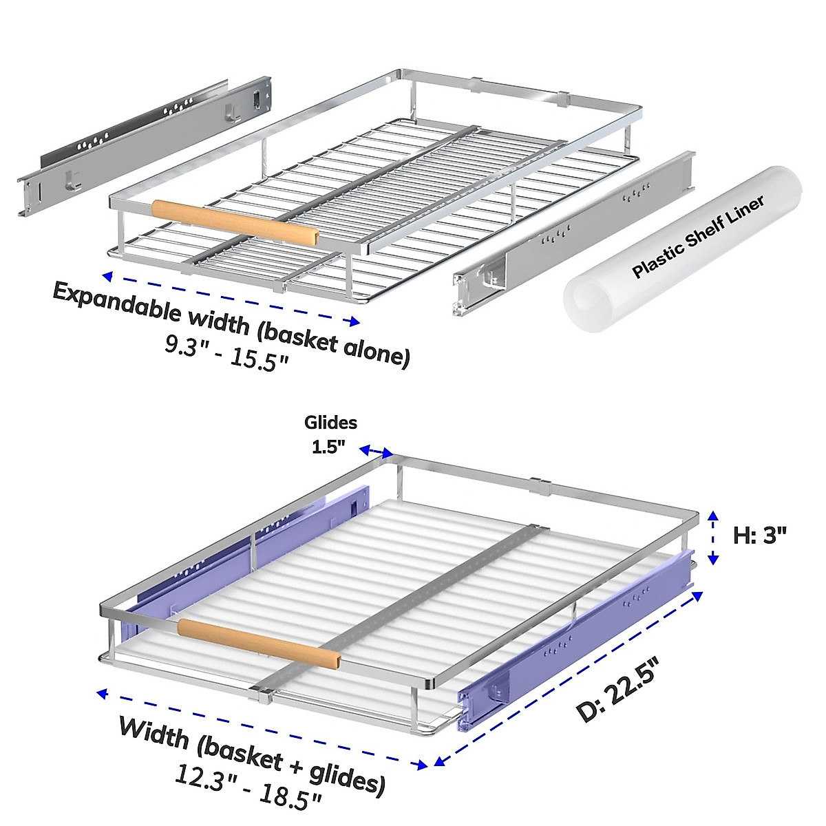 KIKIBRO Pull Out Drawer Cabinet Organizer, Expandable Slide Out Storage Shelves - Heavy Duty, Durable and Smooth Slide-Out, Opening Size Required 12.3"~18.5", 1 Pack