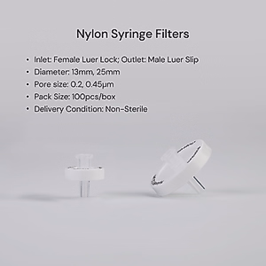 COBETTER 100 Pack Syringe Filter Nylon Lab Filters 0.45μm Pore Size 25mm Diameter Hydrophilic Filtration Non-sterile White