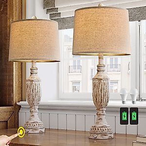 OYEARS 27.5” 3-Way Dimmable Touch Control Dual USB Table Lamp Set of 2 Modern Retro Farmhouse Vintage Lamps Resin Bedside Lamp for Living Room Bedroom Home Office(2 Bulbs Included)