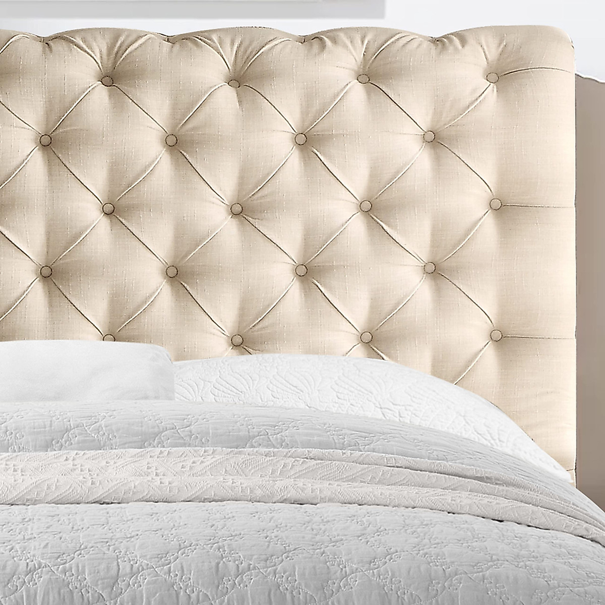 Rosevera Gideon Bed Frame/Fabric Upholstered Bed Frame with Adjustable Headboard/Chesterfield-Styled/Wood Slat Support/Easy Assembly,Full,Natural Beige