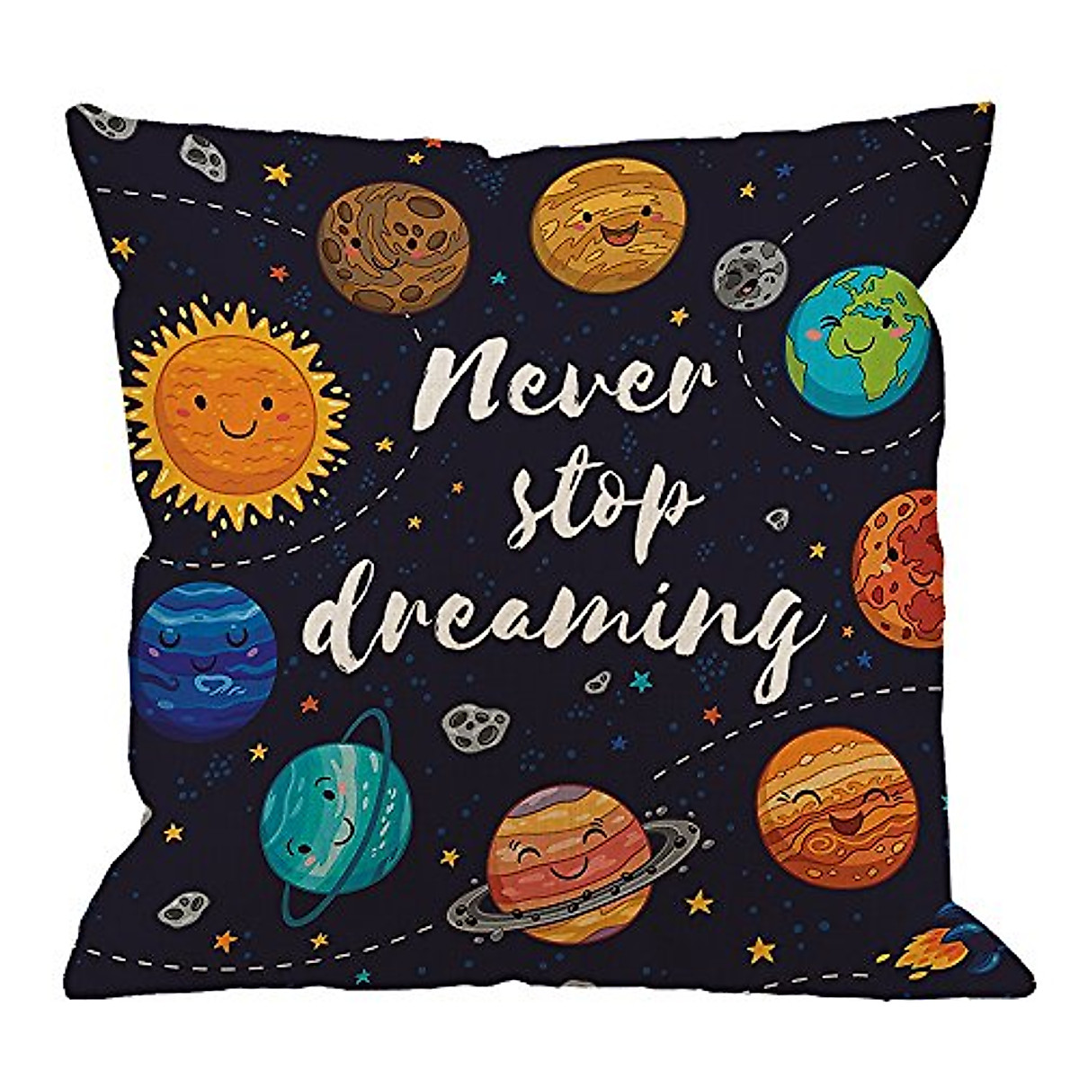 HGOD DESIGNS Outer Space Pillow Case, Cute Planets and Star Cluster Solar System Moon and Comets Sun Cosmos Cotton Linen Cushion Cover Square Standard Home Decorative Throw Pillow 18x18 inch Darkblue