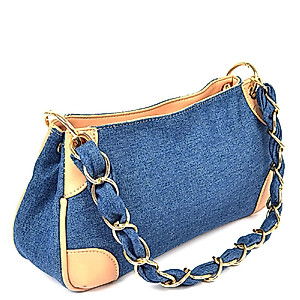 Womens Girls Vintage Retro Denim Jeans Medium Chain Shoulder Bag Purse Handbag (Dark Denim)