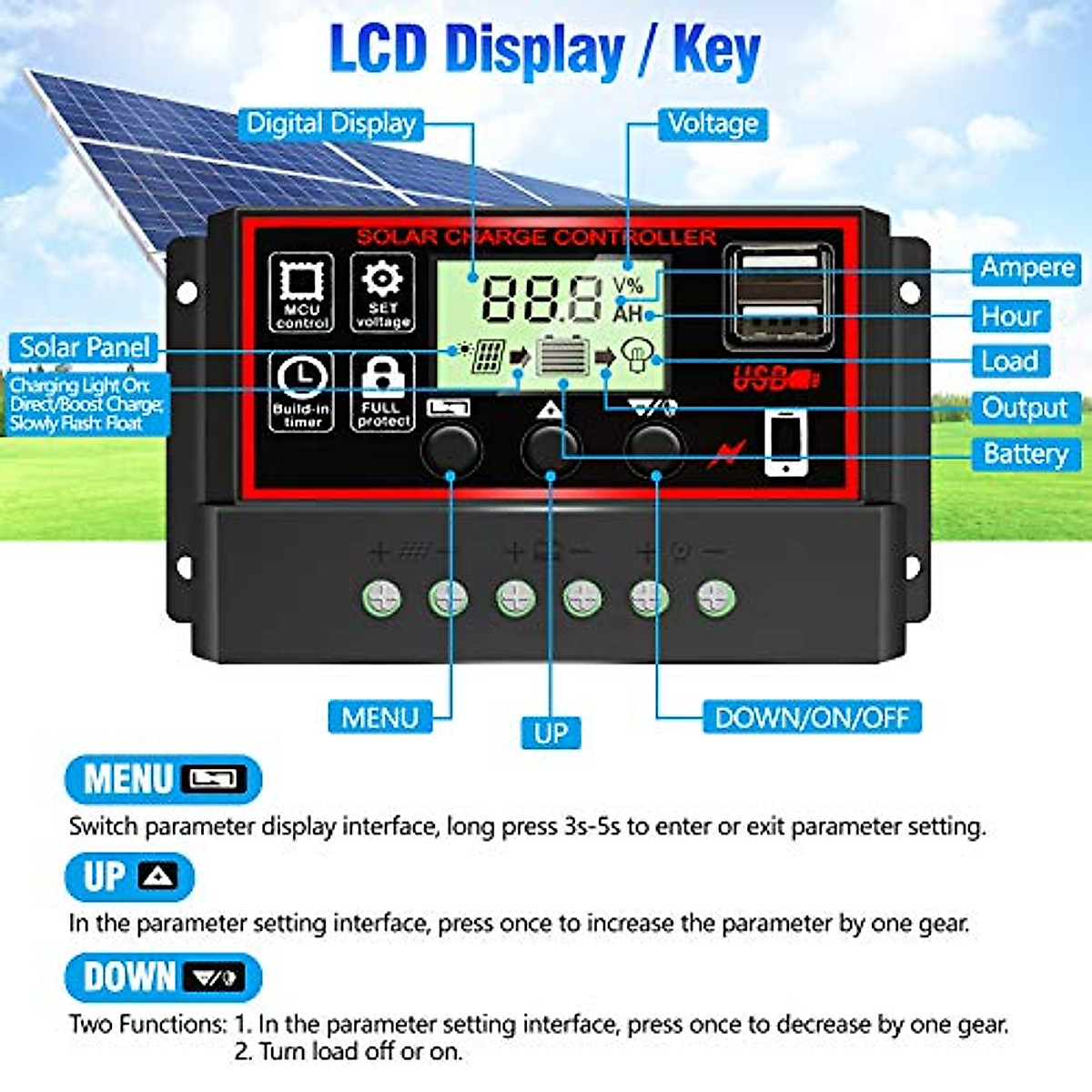 2Pcs 30A Solar Charge Controller, Black Solar Panel Battery Intelligent Regulator with Dual USB Port 12V/24V PWM Auto Paremeter Adjustable LCD Display