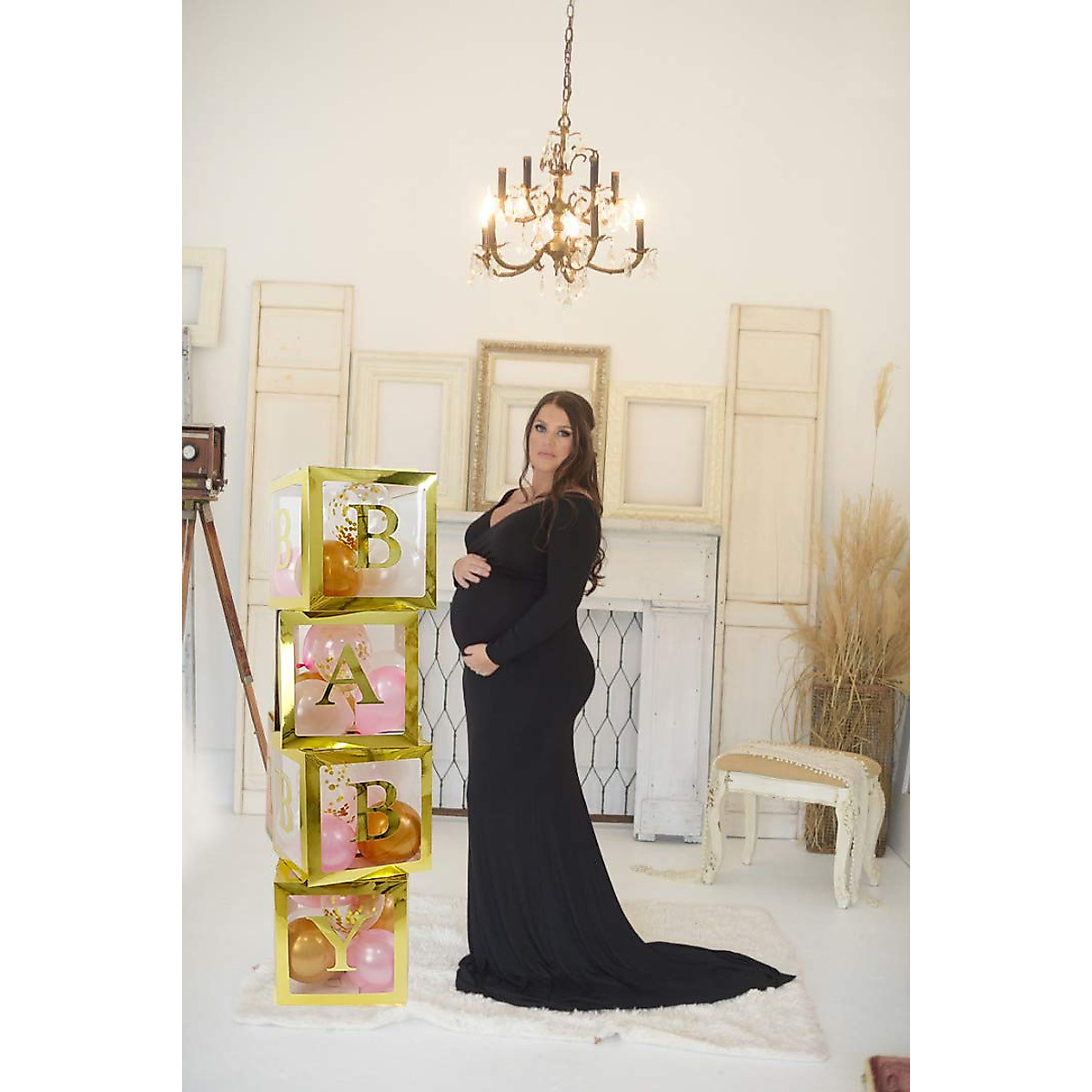 82 PCS Gold Neutral Baby Shower Decorations for Boy or Girl - Jumbo Transparent Baby Block Balloon Boxes, BABY, A - Z Letters DYI Gold White Pink Blue Balloons | Gender Reveal Party Supplies Birthday