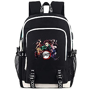 Roffatide Anime Demon Slayer Backpack for Boys Printed Schoolbag Laptop Rucksack with USB Charging Port & Headphone Port Black