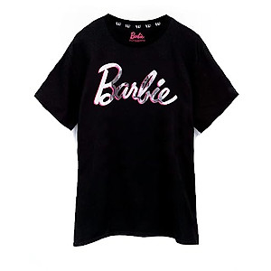 Barbie T-Shirt for Women | Ladies Doll Logo White Pink | Black Longline Relaxed Design Top Clothes Medium