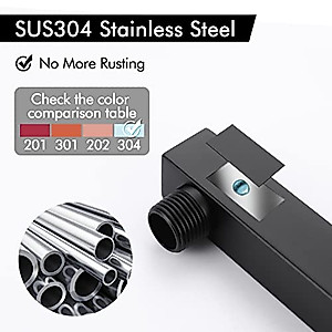 KES Shower Head Extension Arm, Rain Shower Head Extension Extender 16-Inch Square Rainfall Shower Arm with Flange SUS304 Stainless Steel Matt Black, PSAN4-BK