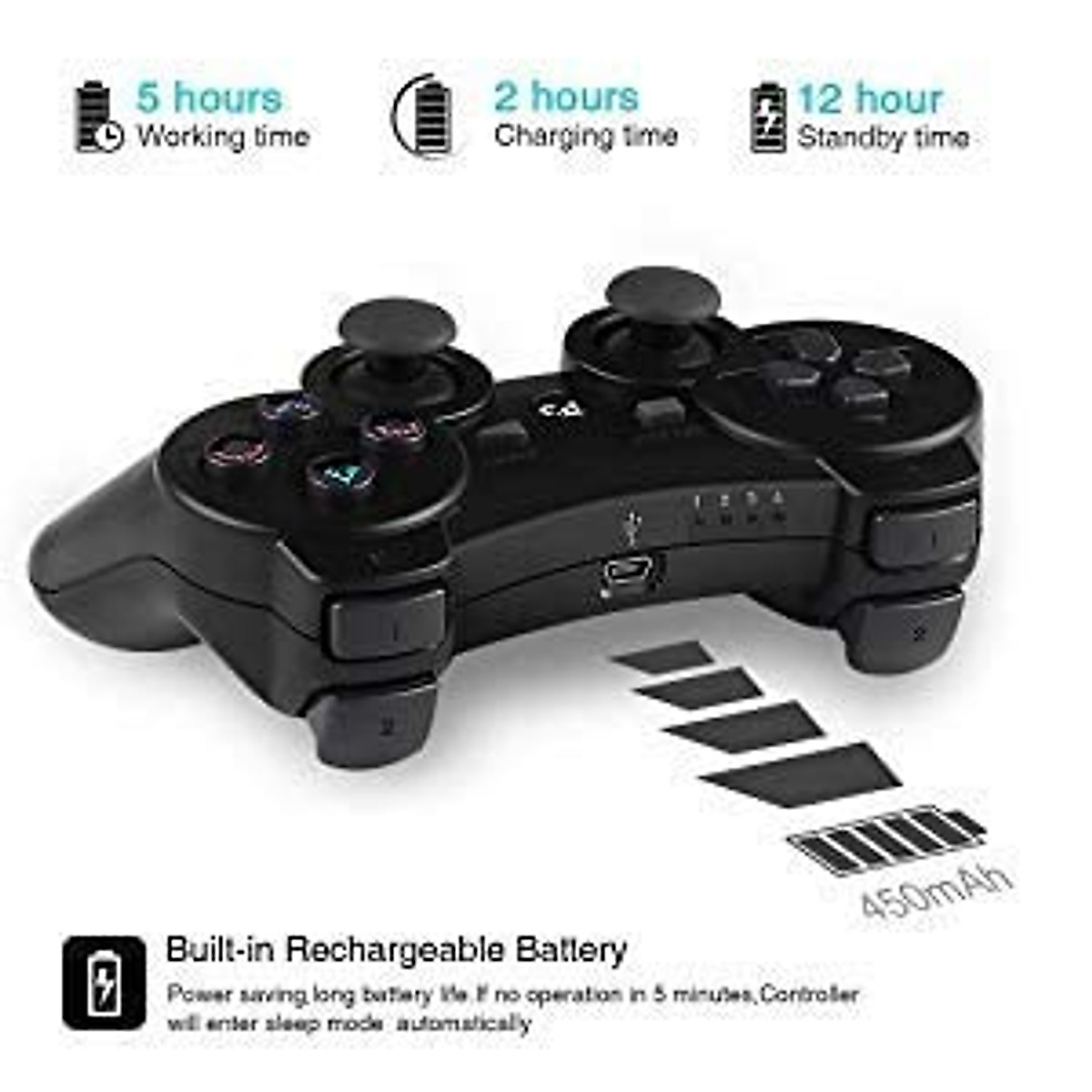 JAMSWALL Controller for PS3, Wireless Bluetooth Controller Gamepad Joystick, Double Vibrating Controller for Sony Playstation 3 with Charger Cable Cord Thump Grips