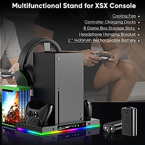 Upgrade Cooling Fan &Dual Controller Charging Station for Xbox Series X with 15RGB Light, Vertical Stand Charger Dock with 2 Rechargeable Batteries Packs, Cooler System with Disc Accessories Storage