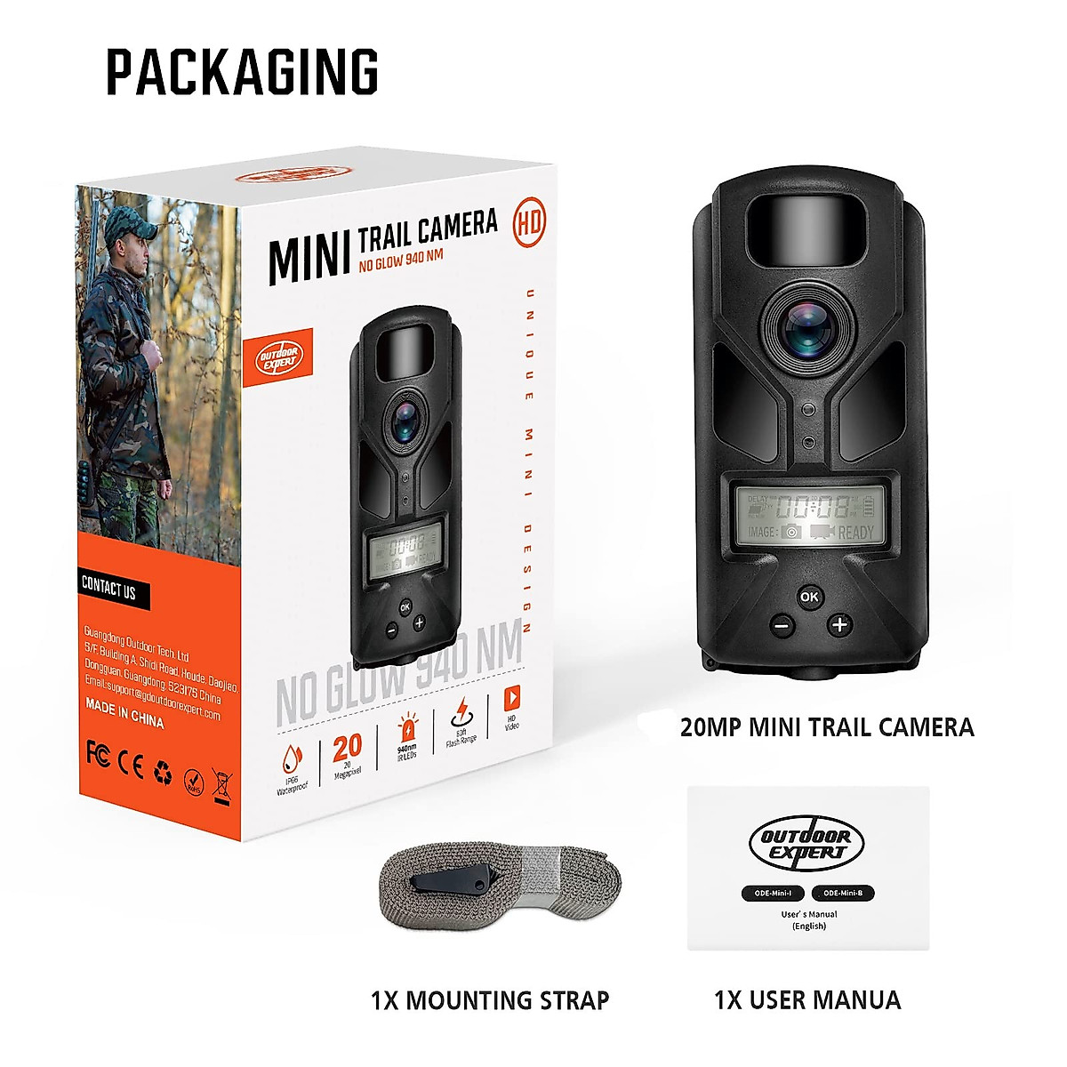 OUTDOOR EXPERT 20MP Mini Trail Camera,1080P Hunting Trail Camera with No Glow 940nm Night Vision Motion Activated IP66 Waterproof,80ft Illumination Range Hunting Game Cam for Wildlife Monitoring
