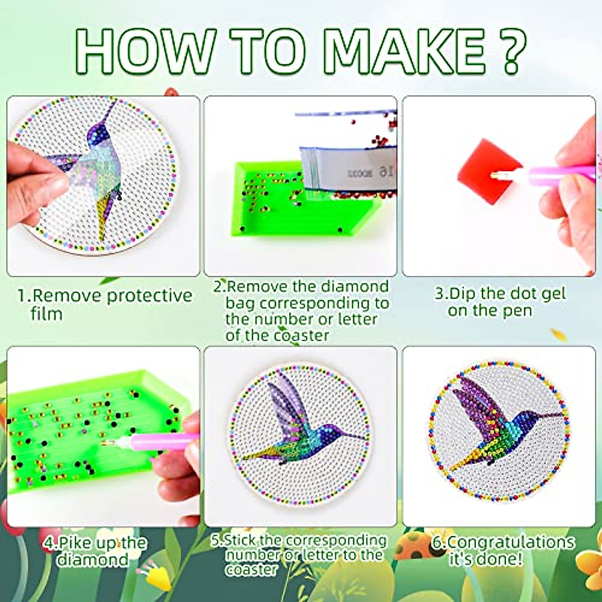 JHGCVX 10 Pcs Hummingbird Diamond Painting Coasters Kit,Diamond Art Coasters with Holder,Cute Hummingbird Diamond Painting Coasters for Adults Beginners and Kids Art Craft Supplies Gift