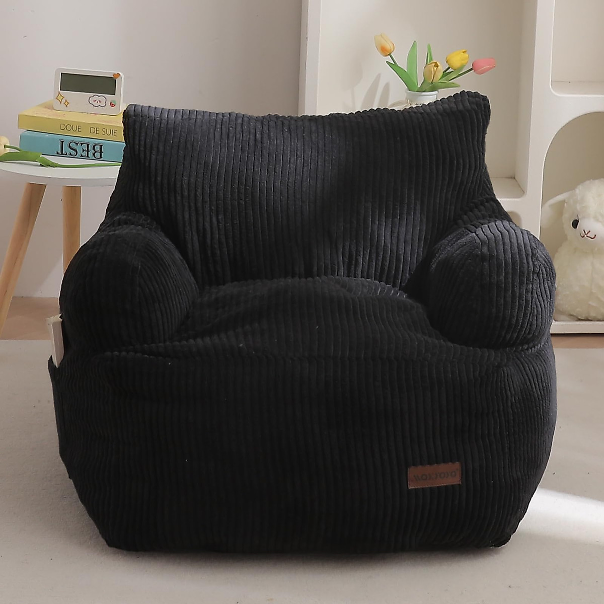 MAXYOYO Kids Bean Bag Chair, Stuffed Toddler Bean Bag Sofa with Filler Bean Bag Chair for Boys and Girls, Lazy Sofa with Pocket Floor Chair for Gaming, Reading, Black