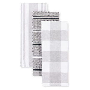 KitchenAid Stripe Gingham Dual Polyester Cotton Rectangle Kitchen Towel 3-Pack Set, Matte Grey, 16"x28"