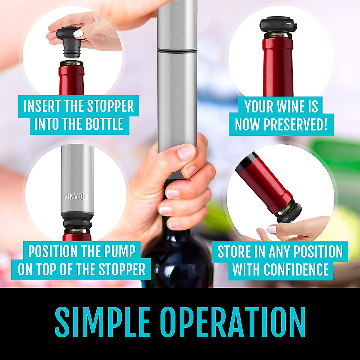 VINVOLI Wine Preserver Set - New 2024 Wine Vacuum Pump with 2 Reusable Wine Stoppers - Wine Sealer and Wine Saver to Keep Wine Fresh Longer - Professional Quality for Wine Lovers and Sommeliers