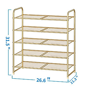 Simple Trending 5-Tier Stackable Shoe Rack, Expandable & Adjustable Shoe Shelf Storage Organizer, Metal Mesh, Gold