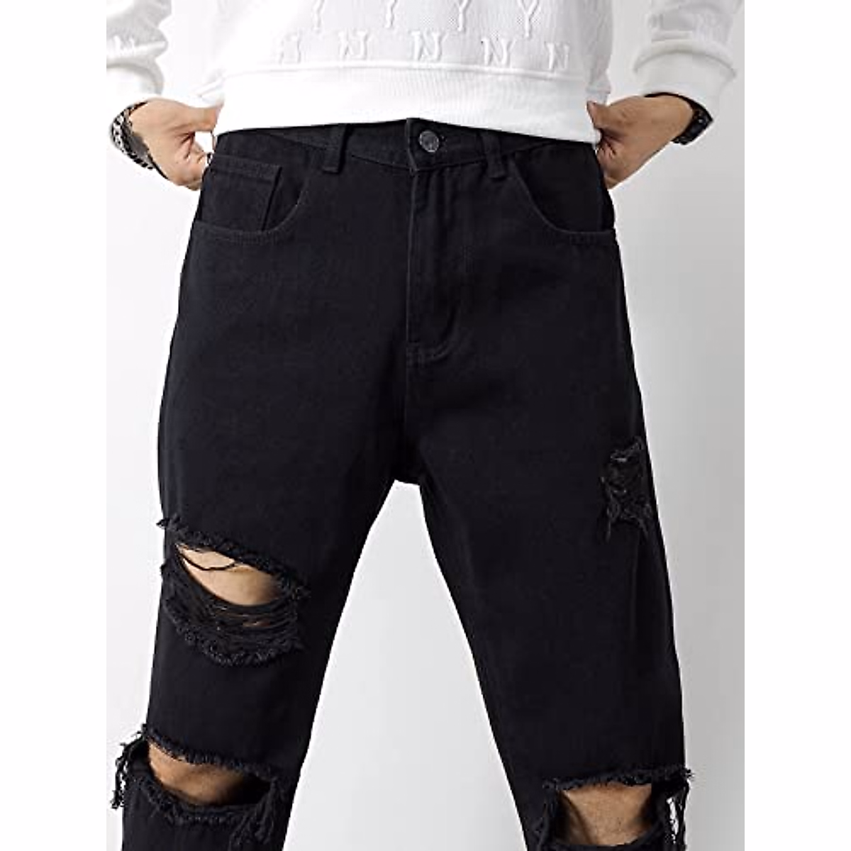 WDIRARA Men's Cut Out Ripped Frayed Zipper Fly Long Straight Leg Denim Jeans Black Solid XL