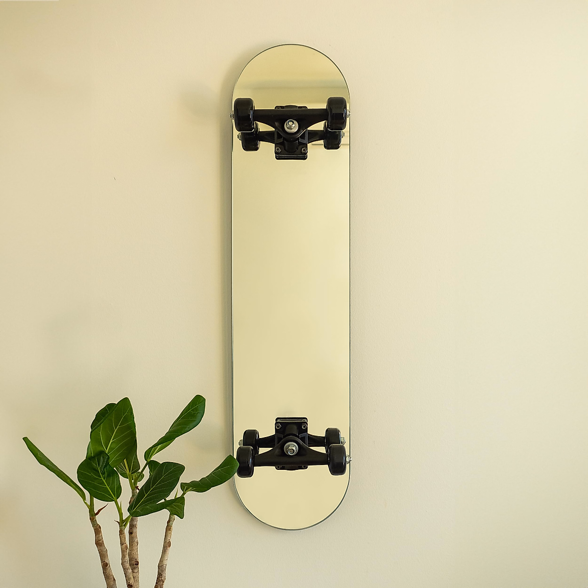 Skateboard Mirror - Tree Bar Wall Mirror - Stainless Steel with Real Trucks & Wheels, Silver