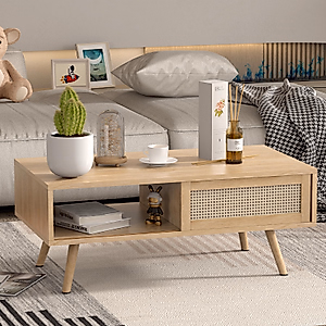 Forsho Rattan Coffee Table Mid Century Modern Coffee Table with Storage 41.3 Inch Wooden Accent Center Sofa Table with Sliding Woven Door Panel and Solid Wood Legs Perfect for Living Room