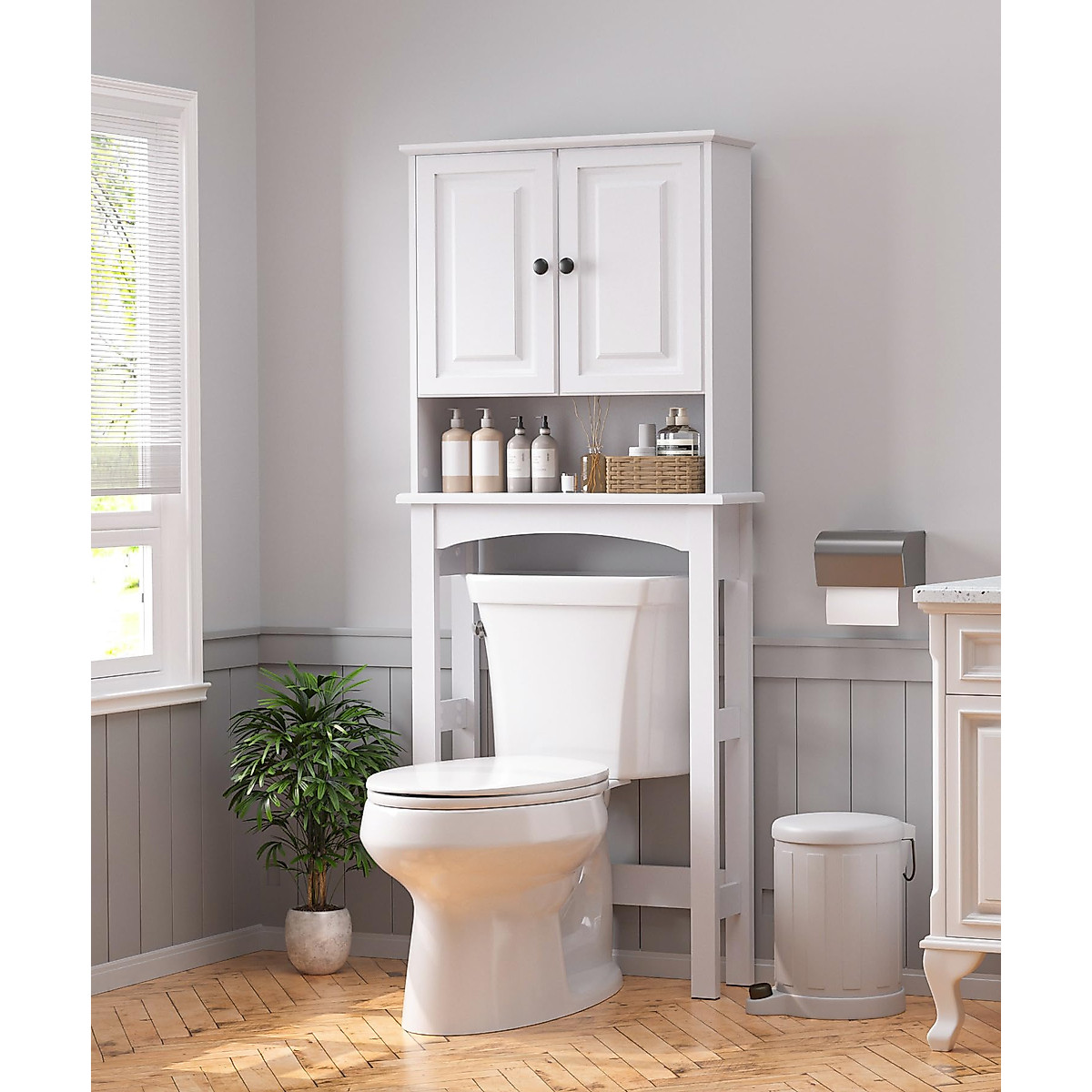 HAIOOU Over The Toilet Storage Cabinet with Motion Sensor LED Light, Double Door Bathroom Essentials Storage Organizer Space-Saving Toilet Rack with Buffering Hinges, Adjustable Shelf - Modern White