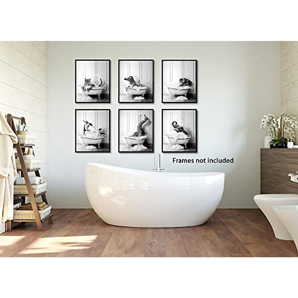 Funny Bathroom Decor Wall Art – Unframed Set of 6 (8 x 10 Inch) – Bathroom Wall Decor, Black and White Bathroom Decor, Kids Bathroom Decor, Animal Giraffe Penguin Elephant Bathroom Pictures for Wall Decor by LIYA Design Prints