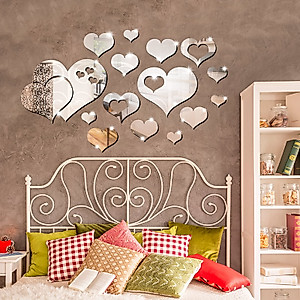 17 Pieces Heart Mirror Wall Decal 3D Acrylic Heart Mirrors Wall Art Decor Removable Heart Wall Sticker for Living Room Bedroom Home Decoration