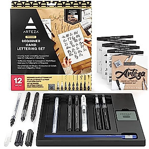 ARTEZA Hand Lettering Pens, 12-Piece Calligraphy Set for Beginners, 5 Micro-Line Pens, 2 TwiMarkers, Gel Pen, Bullet Marker, Pencil, & Eraser, Art Supplies with a Guidebook