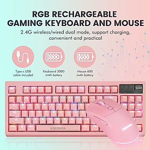 Wireless Mechanical Keyboard and Mouse Combo - RGB Backlit, Rechargeable Battery, Ergonomic Design, 2.4G Wireless Connection, 87-Key for Gaming and Typing（Pink）