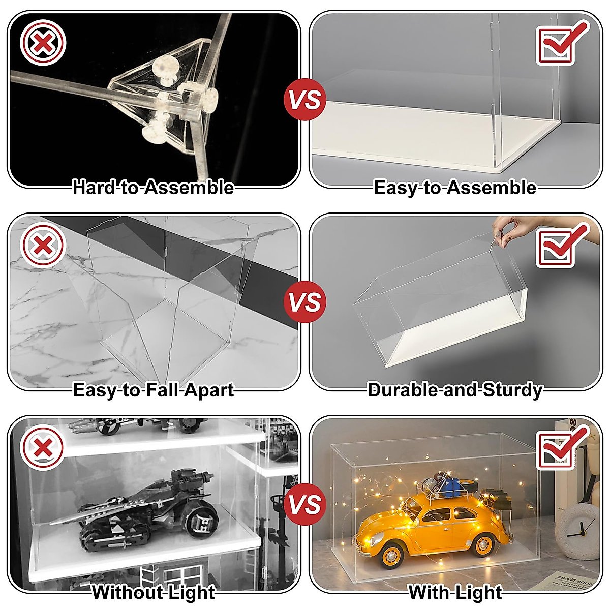 LANSCOERY Acrylic Display Case, Assemble Showcase Display Box for Collectibles, with Dustproof & Seamless Display Design, 6x6x6inch White Base
