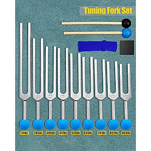 Tuning Fork Set 9 Pcs Tuning Forks with Reflex Hammer for DNA Healing Chakra Sound Therap for Buddhists Yoga Teacher Sound Healer (174 Hz, 285 Hz, 396 Hz, 417 Hz, 528 Hz, 639 Hz etc)