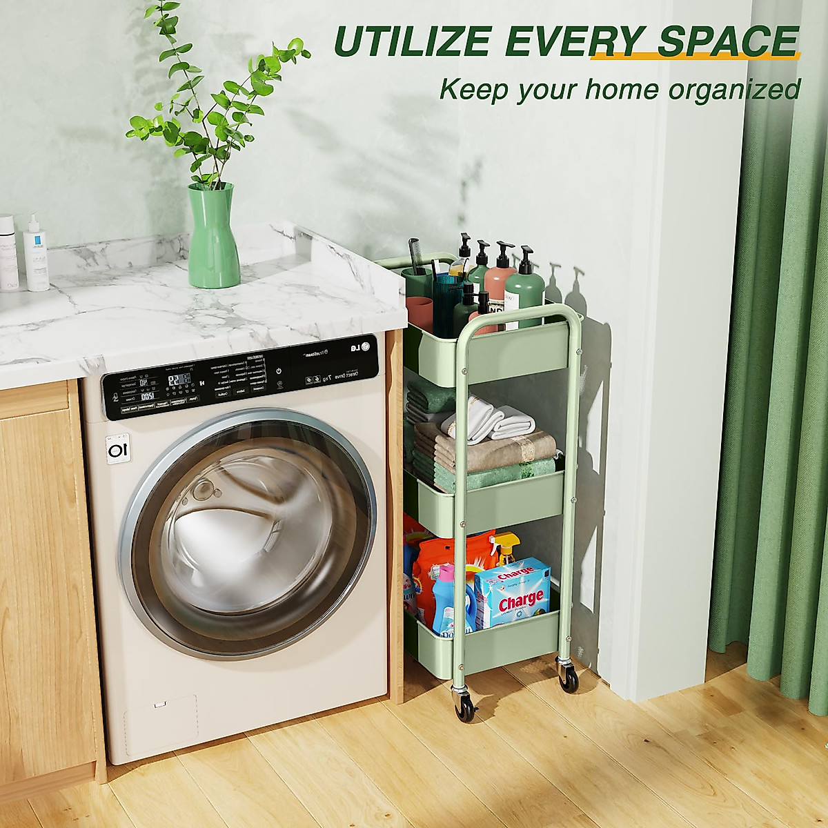 LEHOM 3 Tier Rolling Storage Cart, Metal Trolley Utility Cart with Wheels & Hooks, Easy Assembly Organizer Storage Cart for Bathroom Kitchen Office Bedroom (Green)